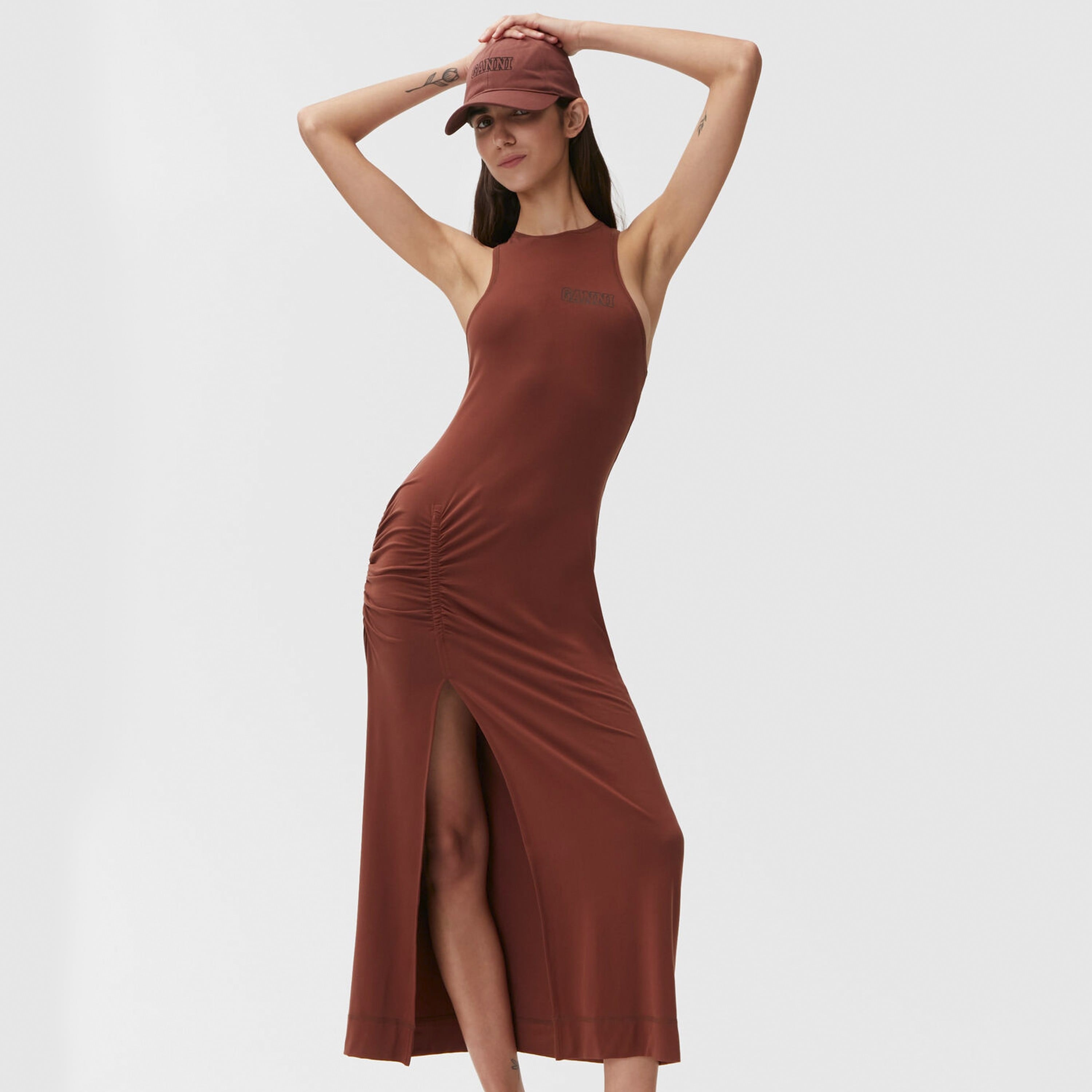 GANNI Racerback Sleeveless Midi Dress (Root Beer) - T3229 - Consortium