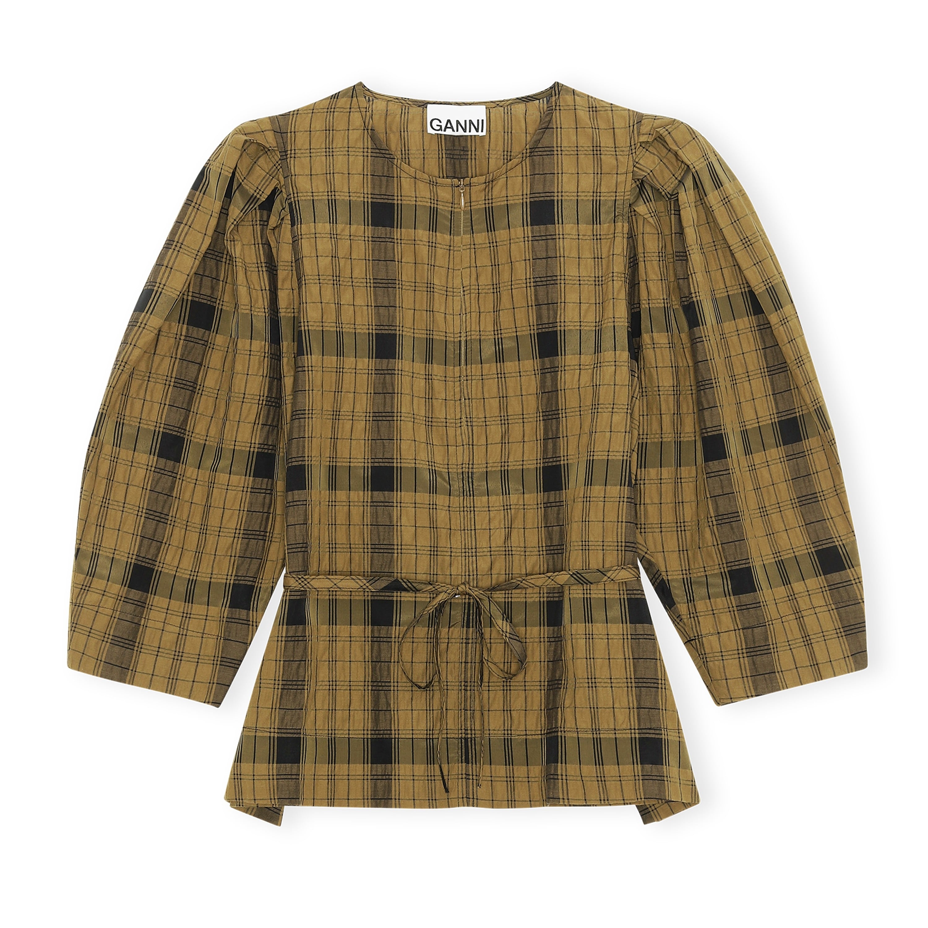 GANNI Seersucker Check O-Neck Puff Sleeve Belt Blouse (Butternut ...